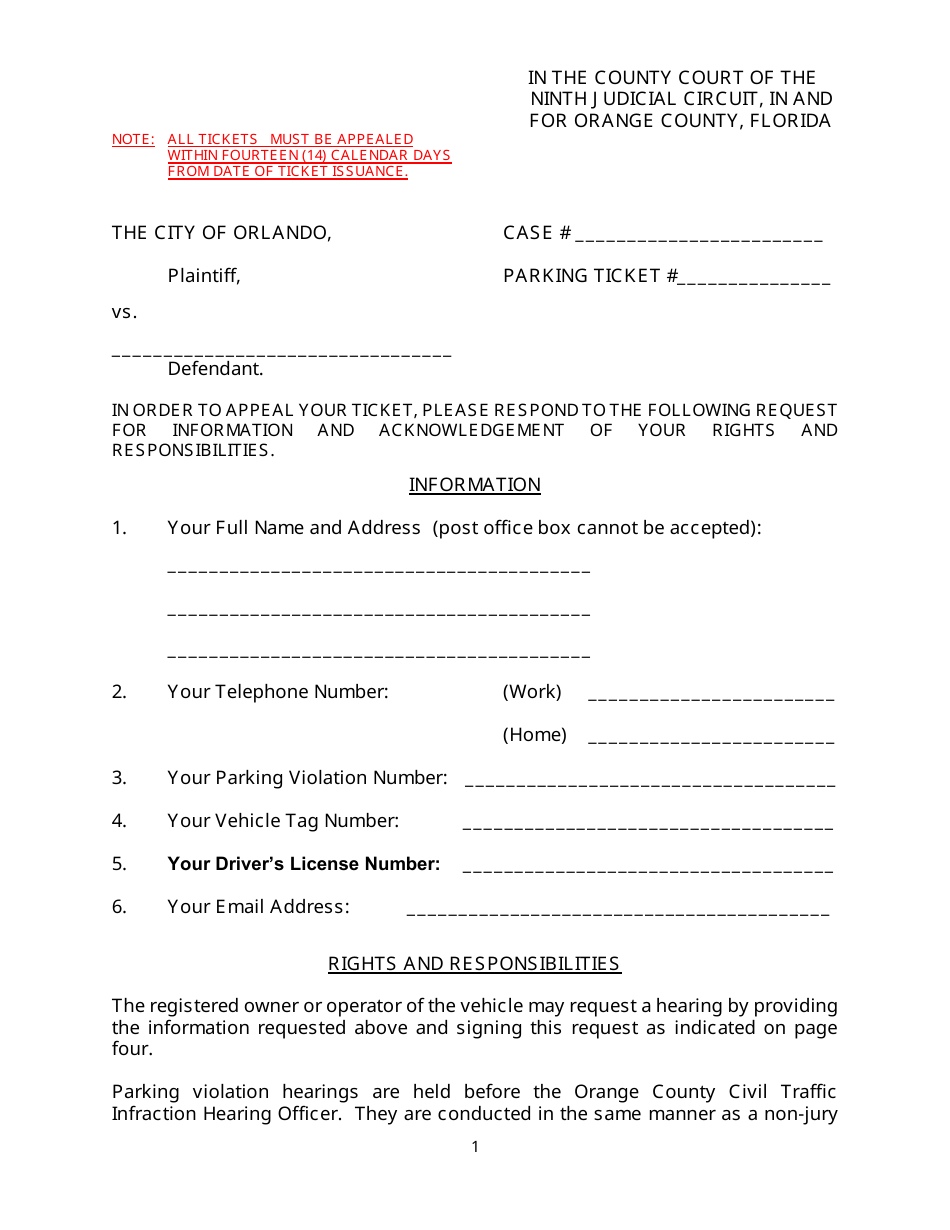 City of Orlando, Florida Parking Ticket Appeal Form - Fill Out, Sign ...