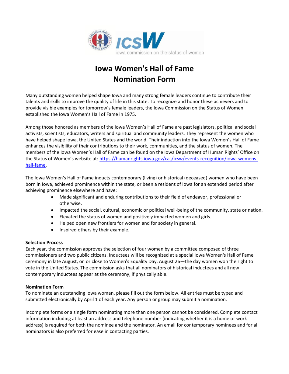 Iowa Iowa Women's Hall of Fame Nomination Form - Fill Out, Sign Online ...