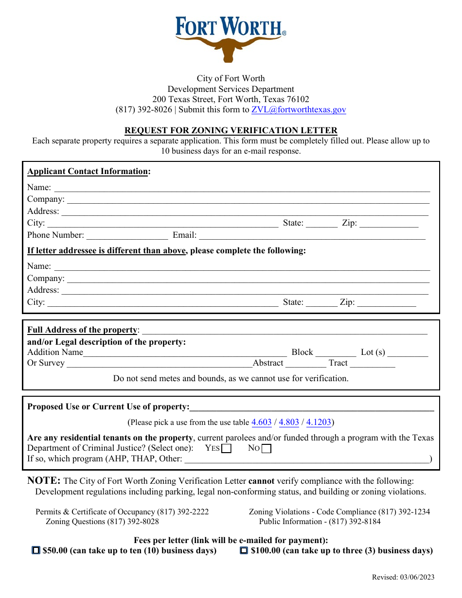 City of Fort Worth, Texas Request for Zoning Verification Letter ...
