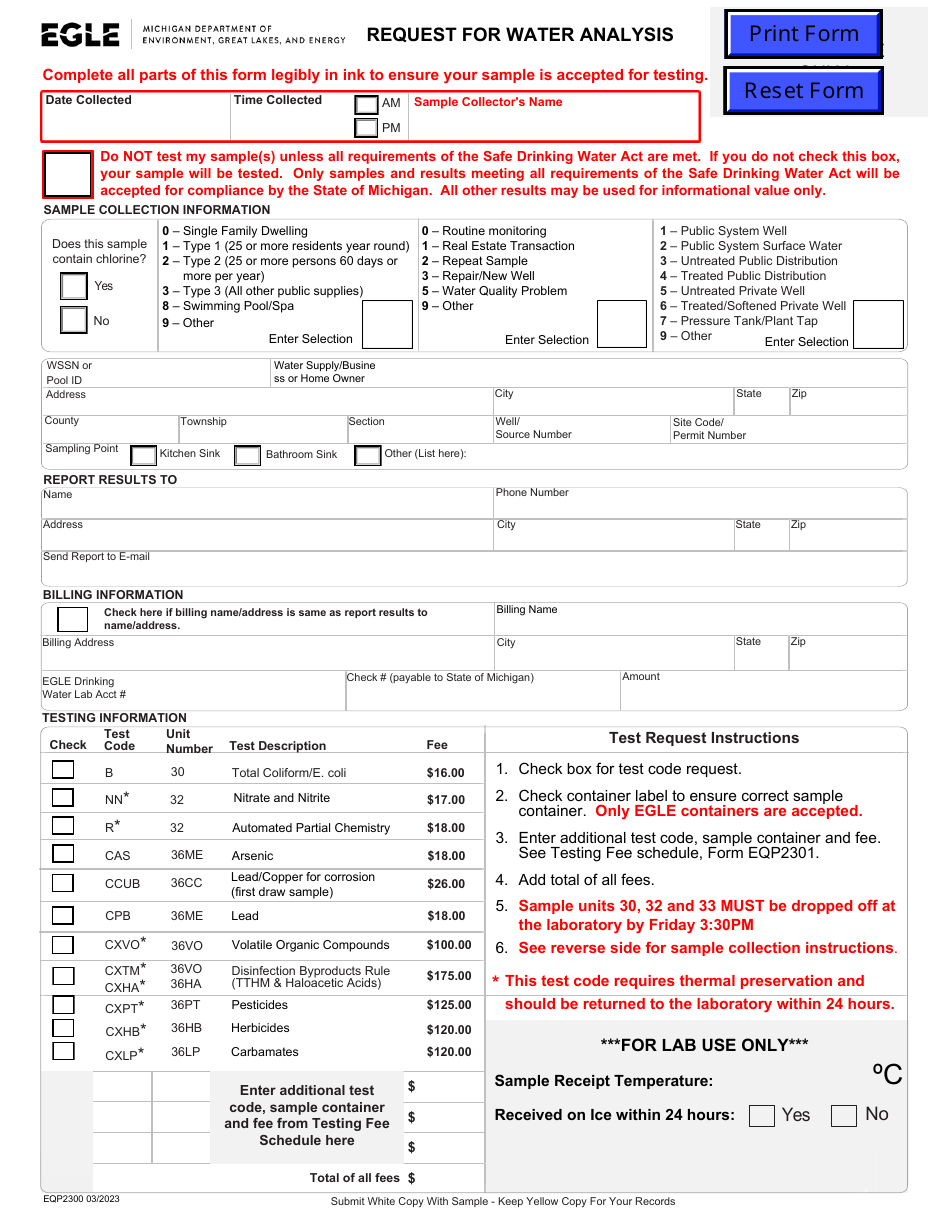 Form EQP2300 Download Fillable PDF or Fill Online Request for Water Analysis - 2023, Michigan ...