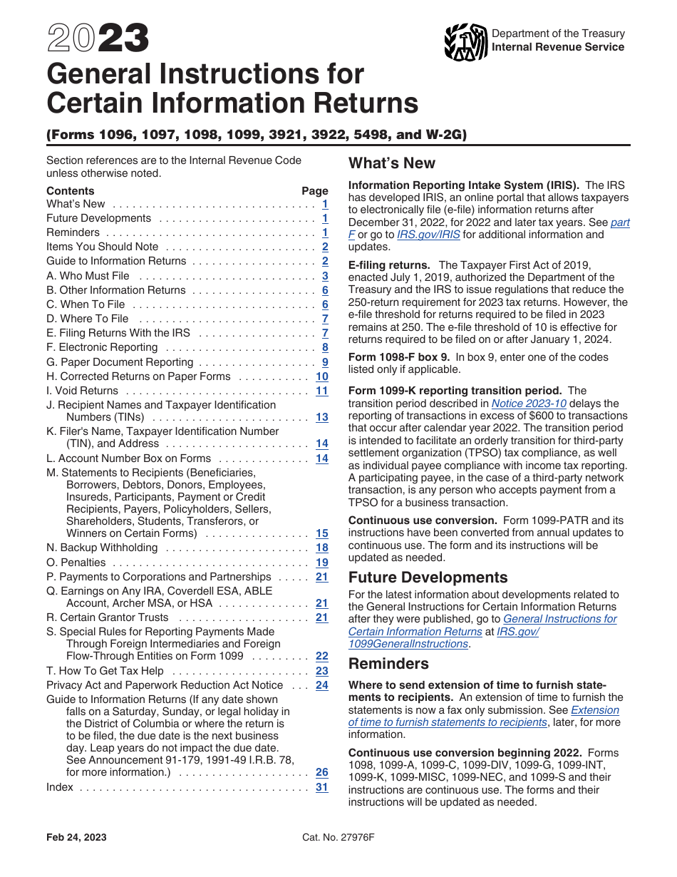 Download Instructions for IRS Form 1096, 1097, 1098, 1099, 3921, 3922 ...