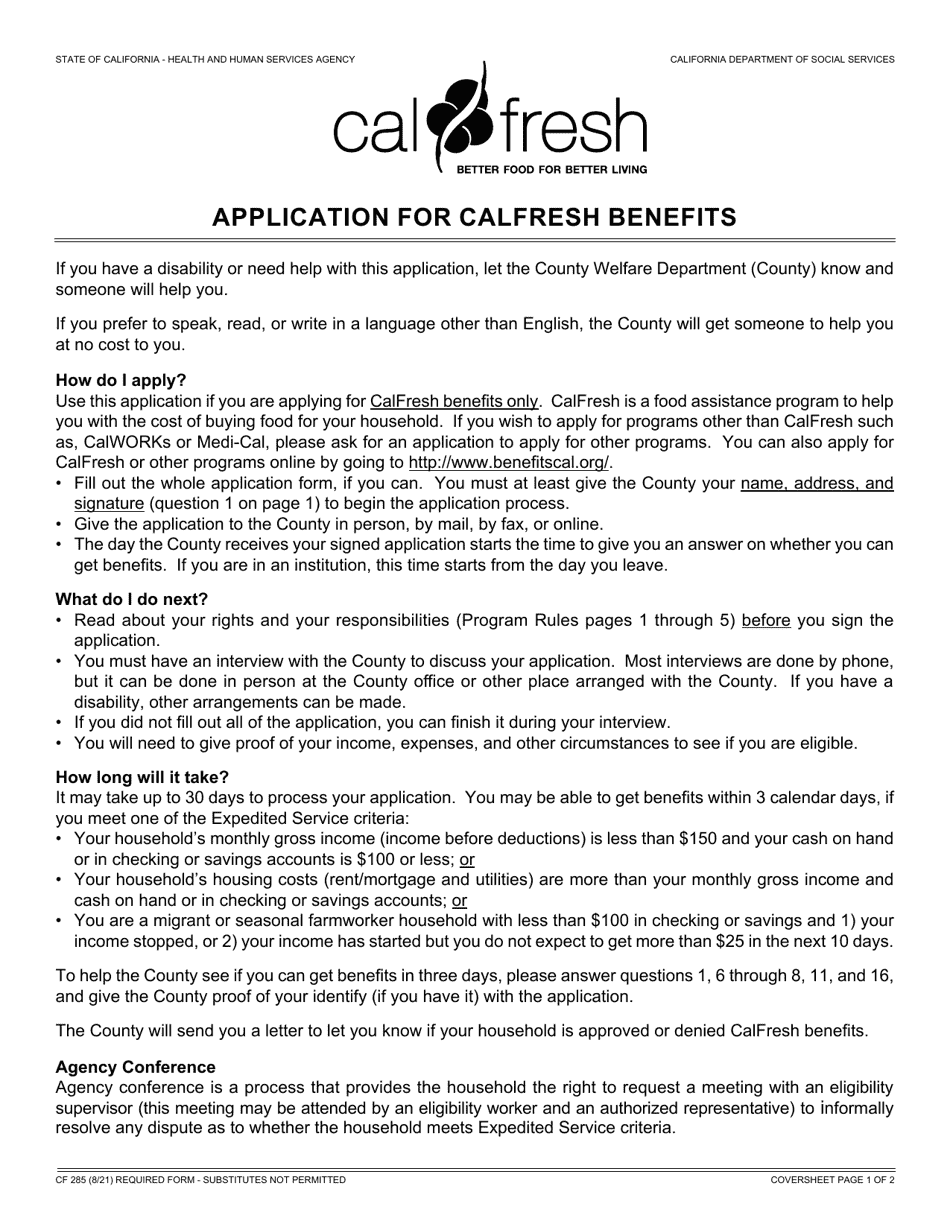 Form CF285 Download Fillable PDF or Fill Online Application for ...