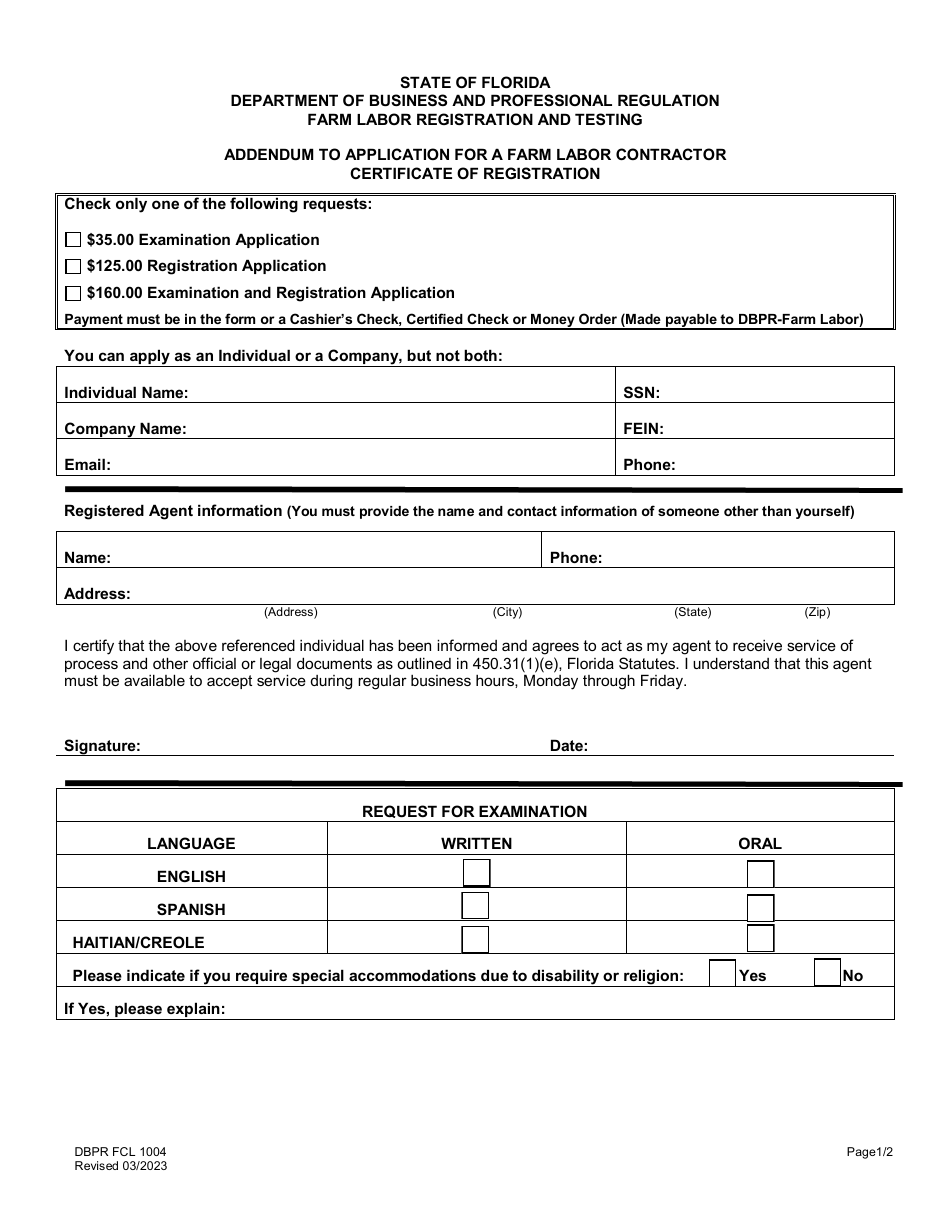 Form DBPR FCL1004 Download Fillable PDF or Fill Online Addendum to ...