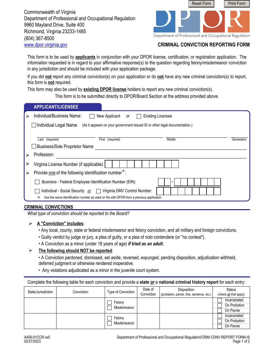 Form A406-01CCR - Fill Out, Sign Online and Download Fillable PDF, Virginia | Templateroller