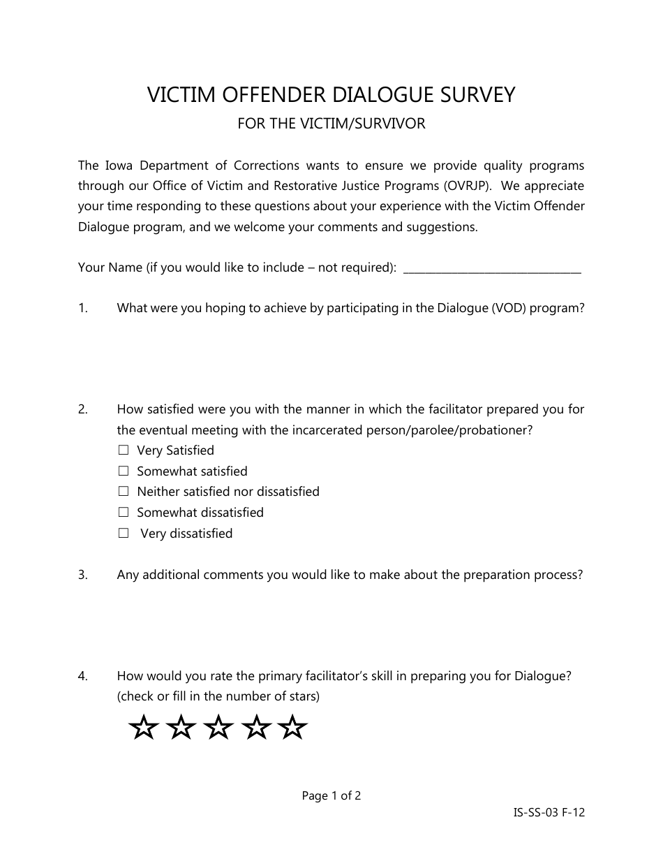 Iowa Victim Offender Dialogue Survey For The Victim Survivor Fill Out