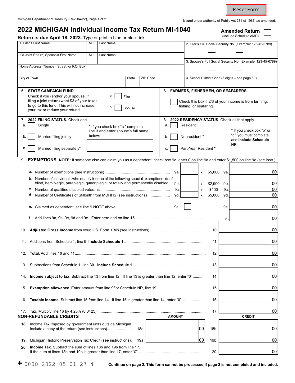 Form MI-1040 Download Fillable PDF or Fill Online Michigan Individual ...