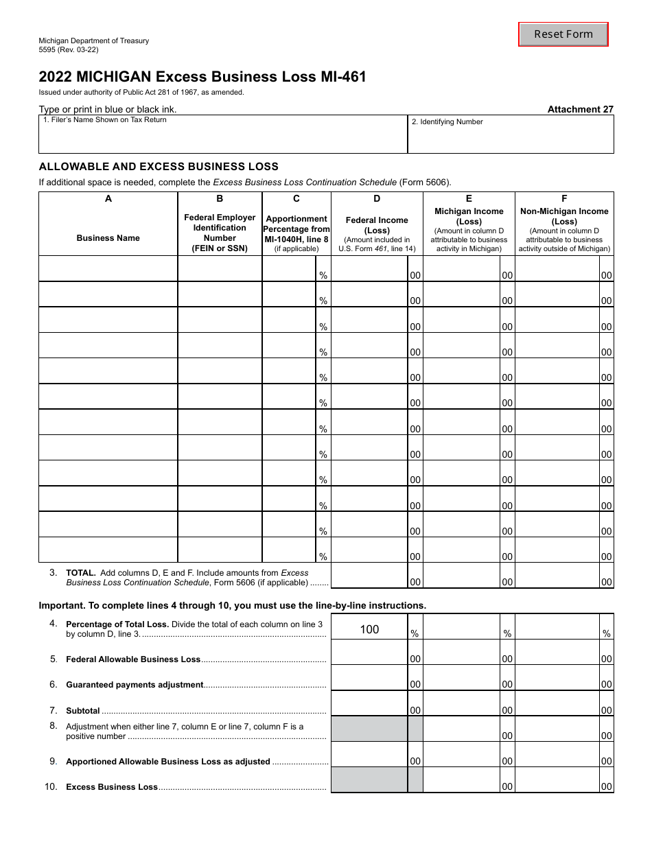 Form MI-461 (5595) Download Fillable PDF or Fill Online Excess Business ...