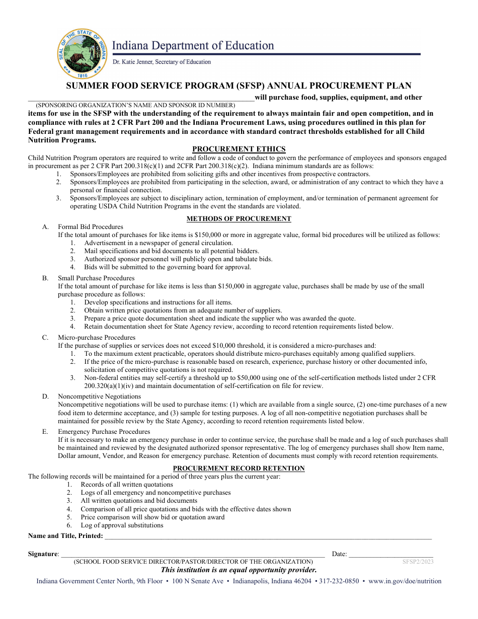 Indiana Summer Food Service Program (Sfsp) Annual Procurement Plan ...