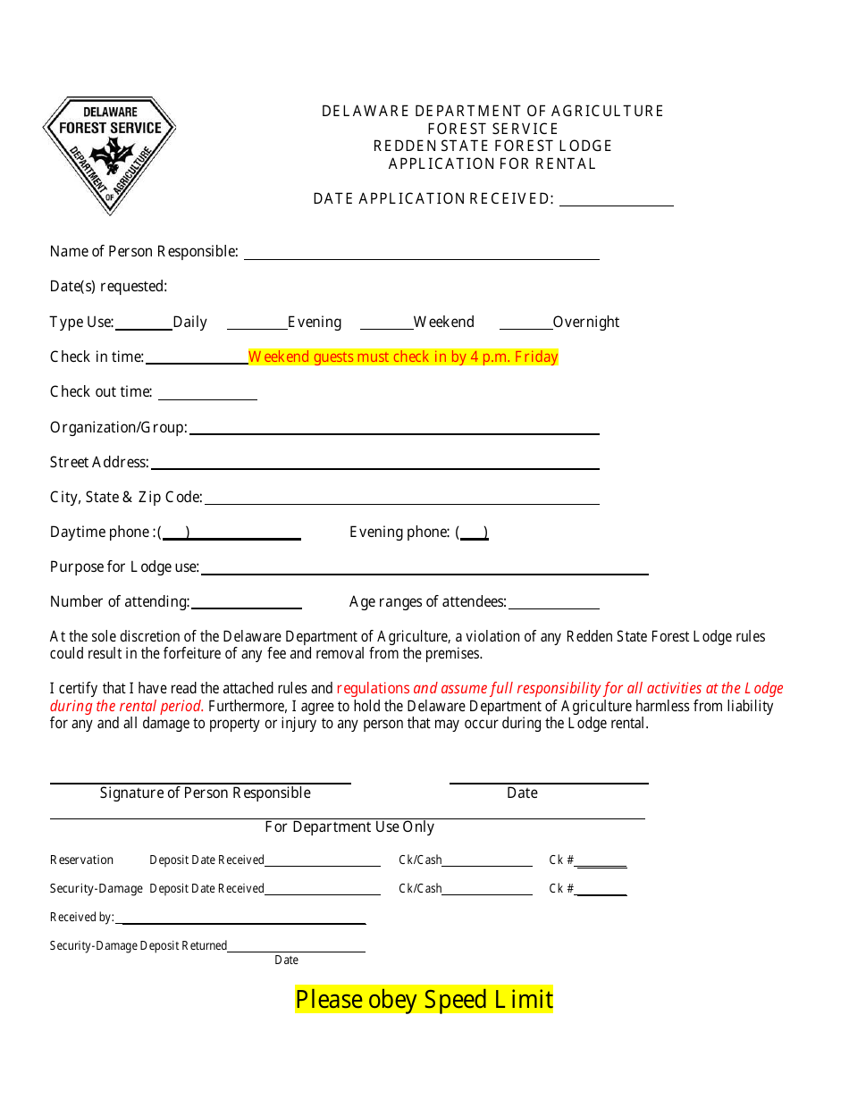 Delaware Redden Lodge Rental Application - Fill Out, Sign Online and ...