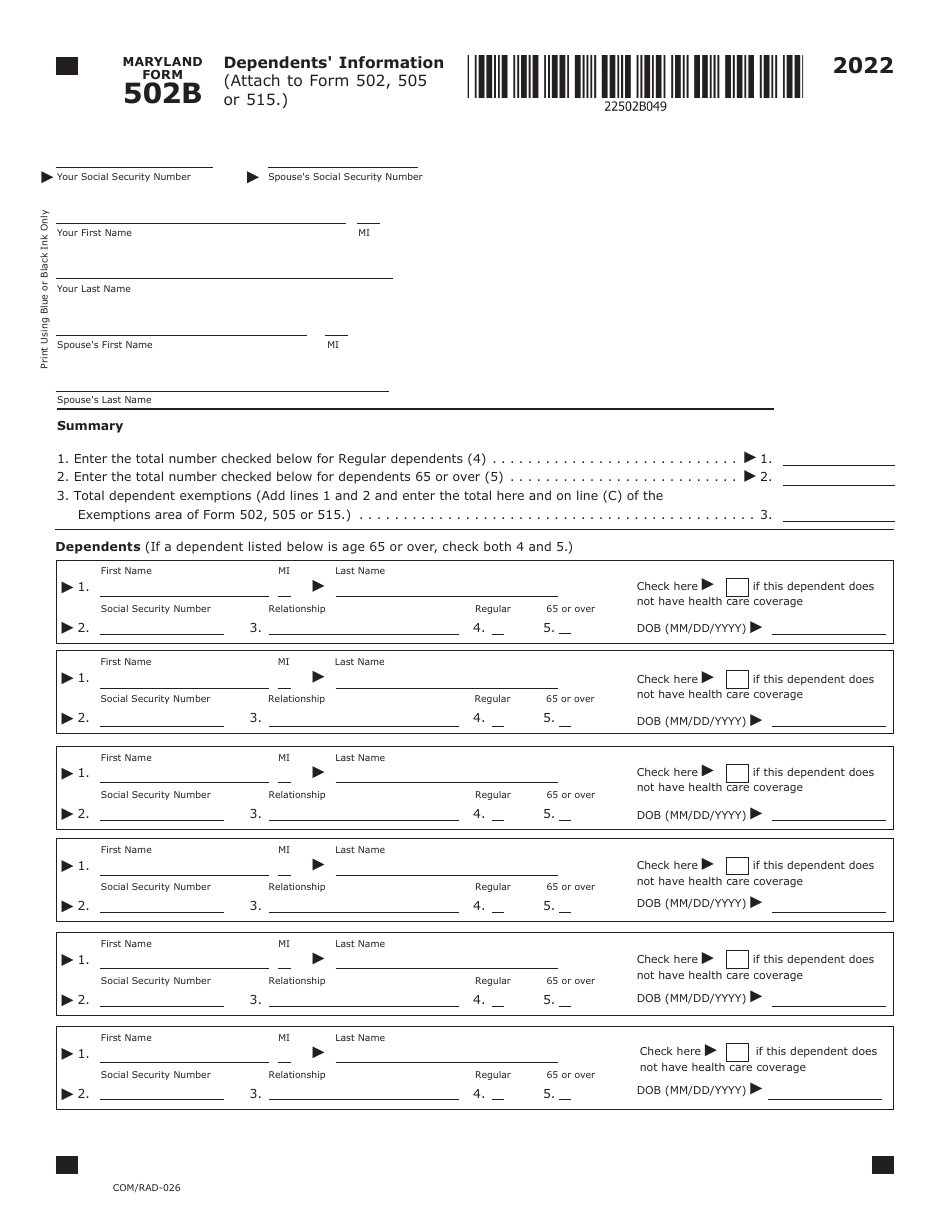 Maryland Form 502B (COM/RAD-026) - 2022 - Fill Out, Sign Online and ...