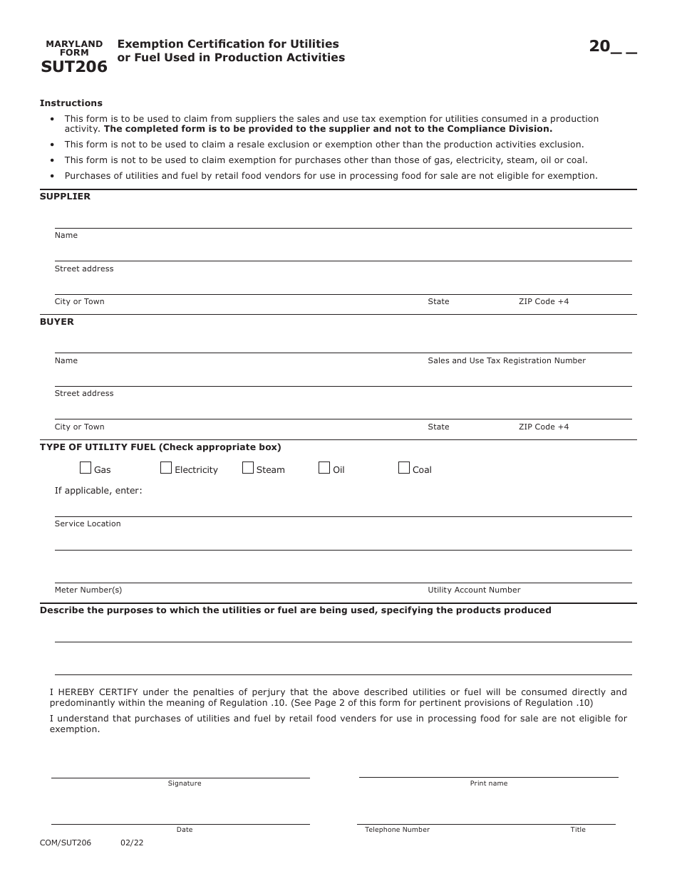 Maryland Form SUT206 (COM/SUT206) - 2022 - Fill Out, Sign Online and ...