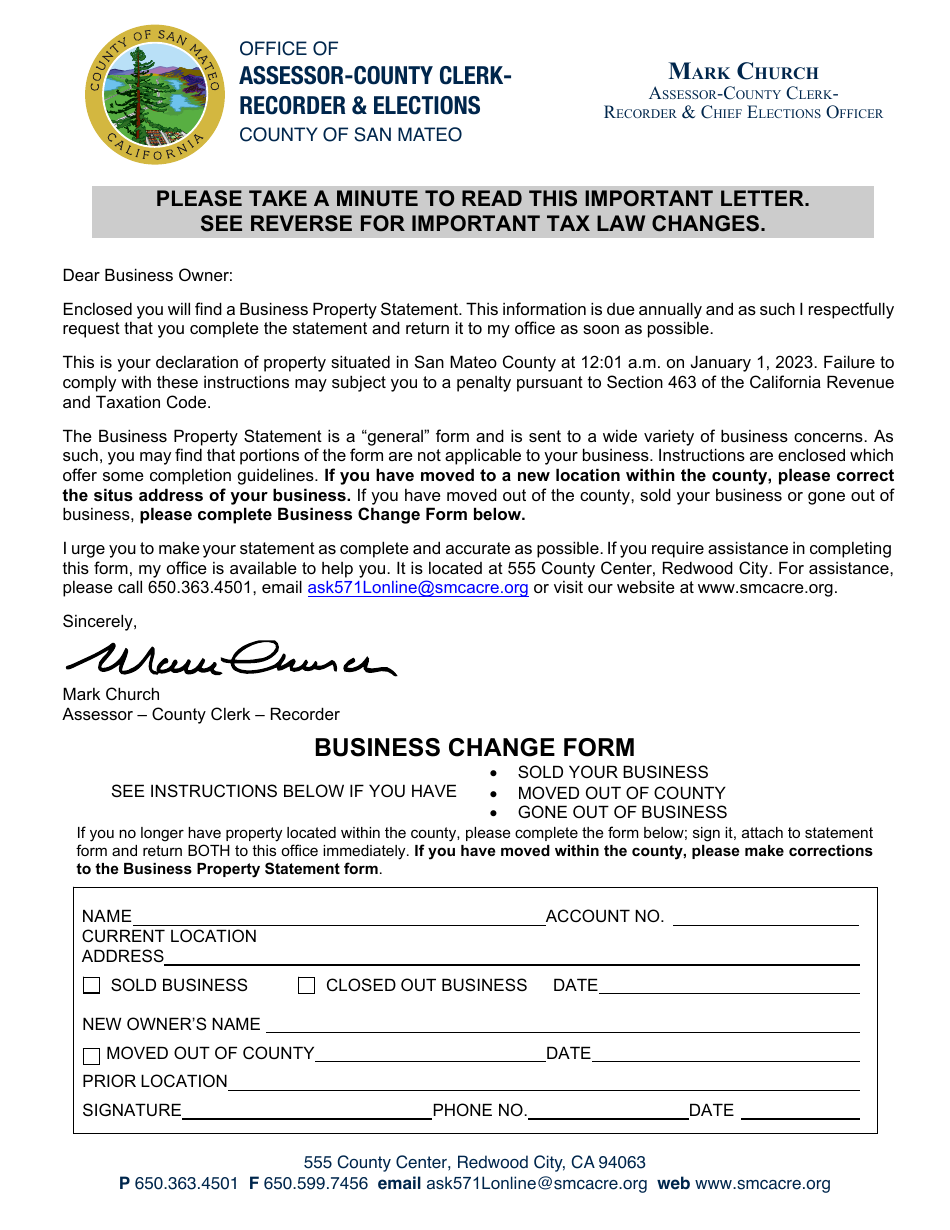 County of San Mateo, California Business Change Form - Fill Out, Sign ...