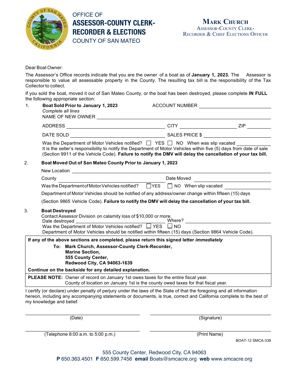 Form BOAT-12 (SMCA-339) - Fill Out, Sign Online and Download Fillable ...