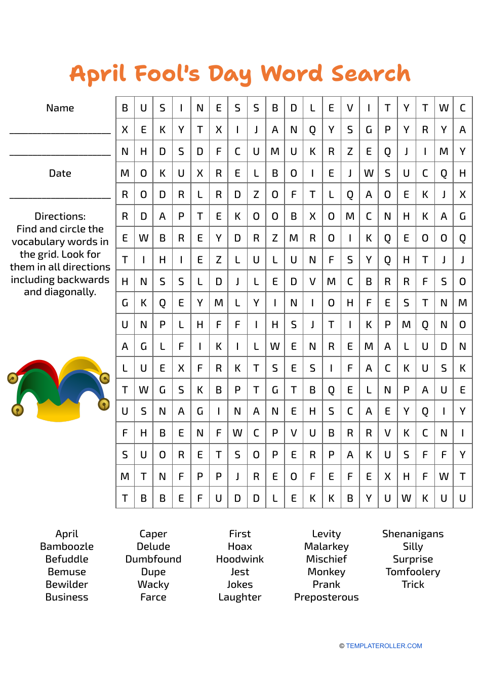 April Fool's Day Word Search With Answers Download Printable PDF ...