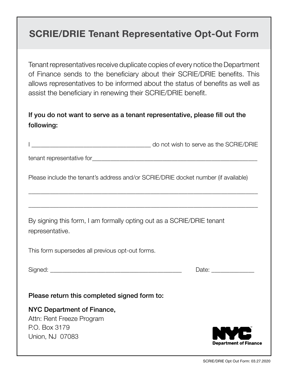 New York City Scrie/Drie Tenant Representative Opt-Out Form - Fill Out, Sign Online and Download ...