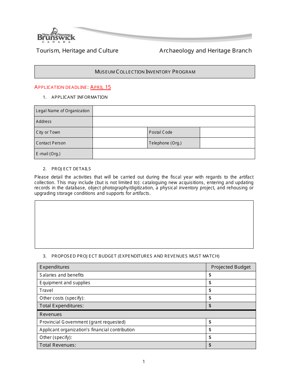 New Brunswick Canada Museum Collection Inventory Program Application ...