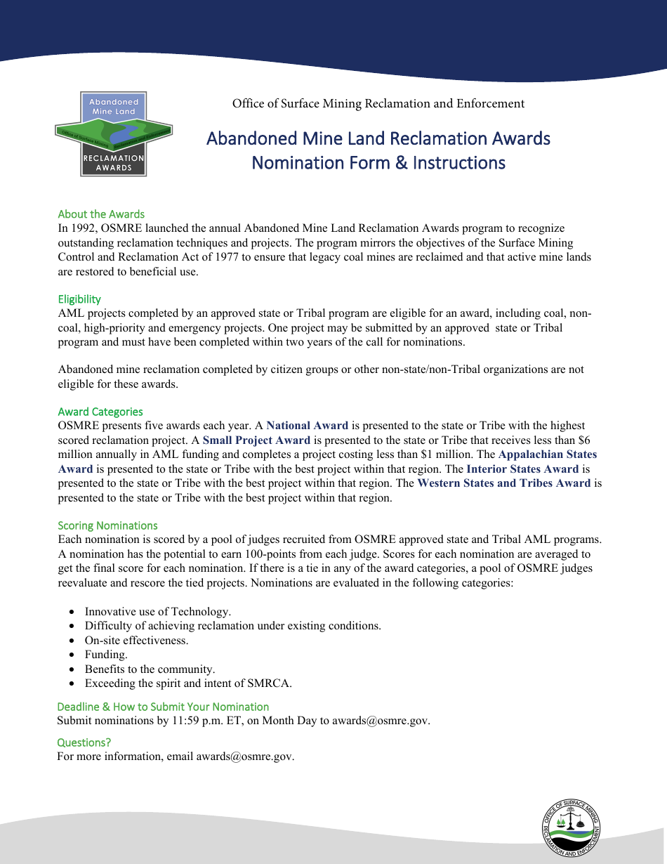 Abandoned Mine Land Reclamation Awards Nomination Form - Fill Out, Sign ...