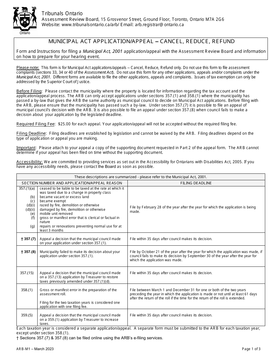 Form ARB-M1 - Fill Out, Sign Online and Download Fillable PDF, Ontario ...