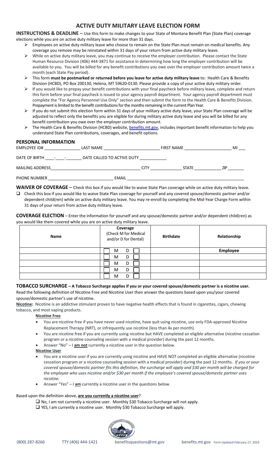 Montana Active Duty Military Leave Election Form Download Fillable PDF ...