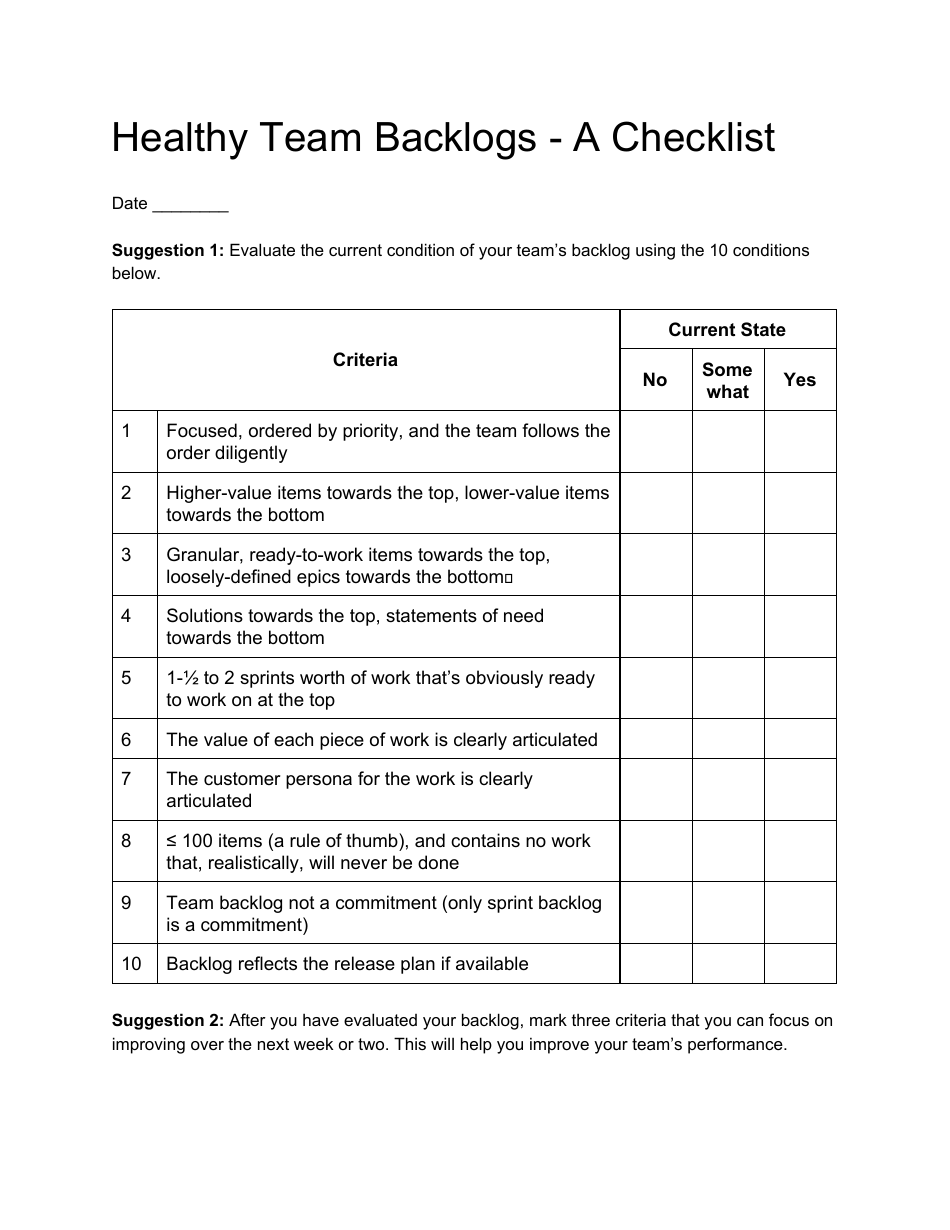 Healthy Team Backlogs Checklist Template Download Printable PDF ...