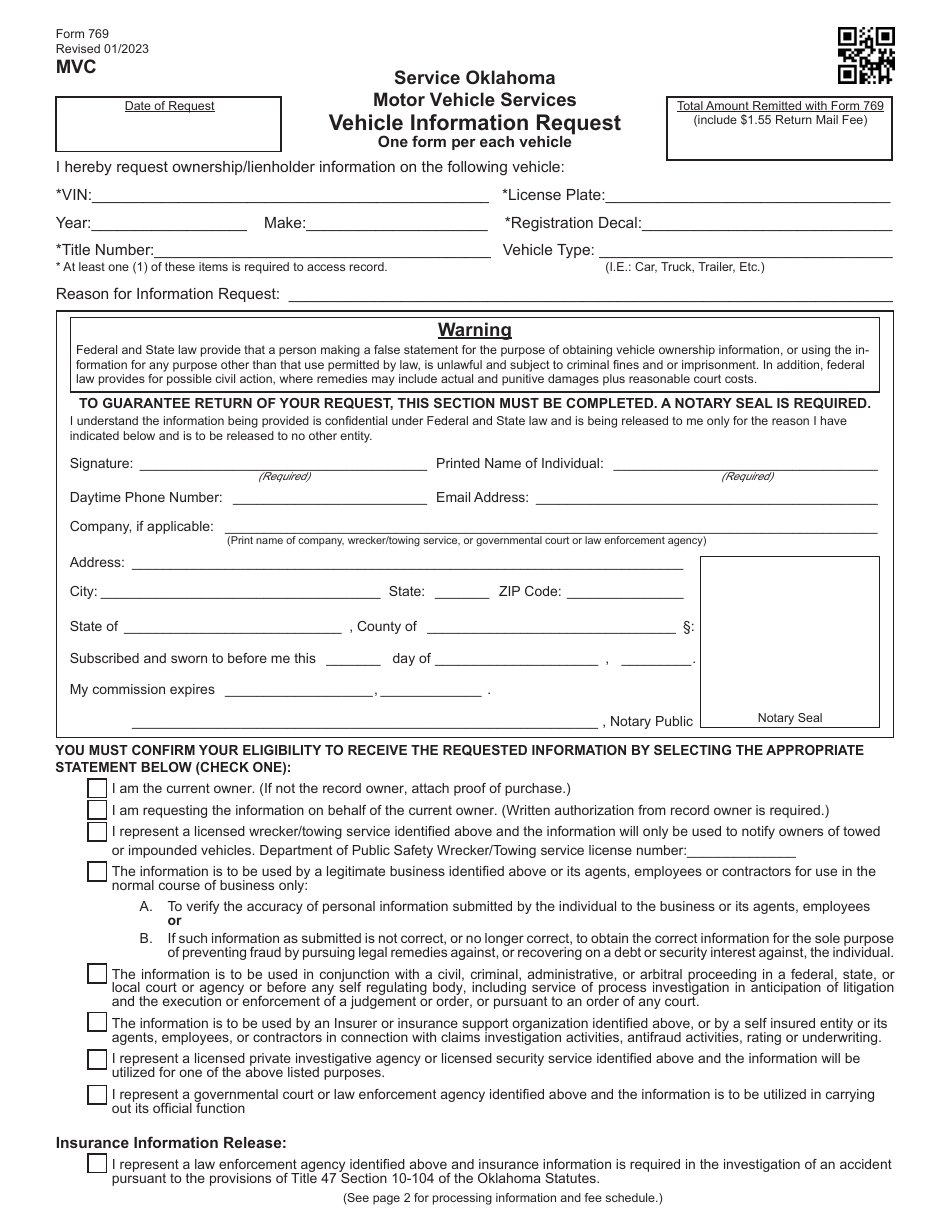 Form 769 - Fill Out, Sign Online and Download Fillable PDF, Oklahoma ...