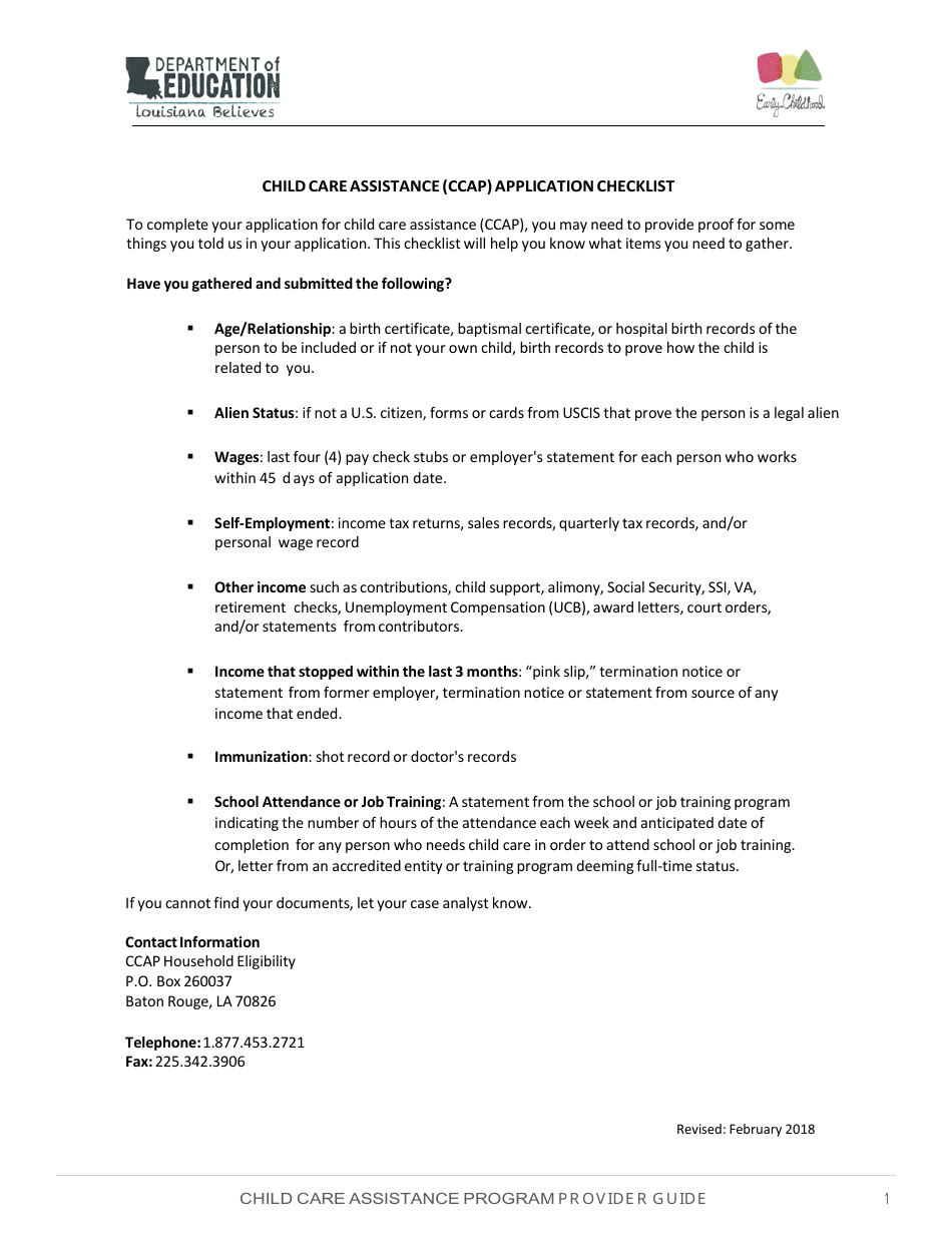 Louisiana Child Care Assistance (Ccap) Application Checklist - Fill Out ...