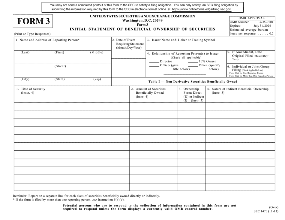 Form 3 (SEC Form 1473) - Fill Out, Sign Online and Download Printable ...