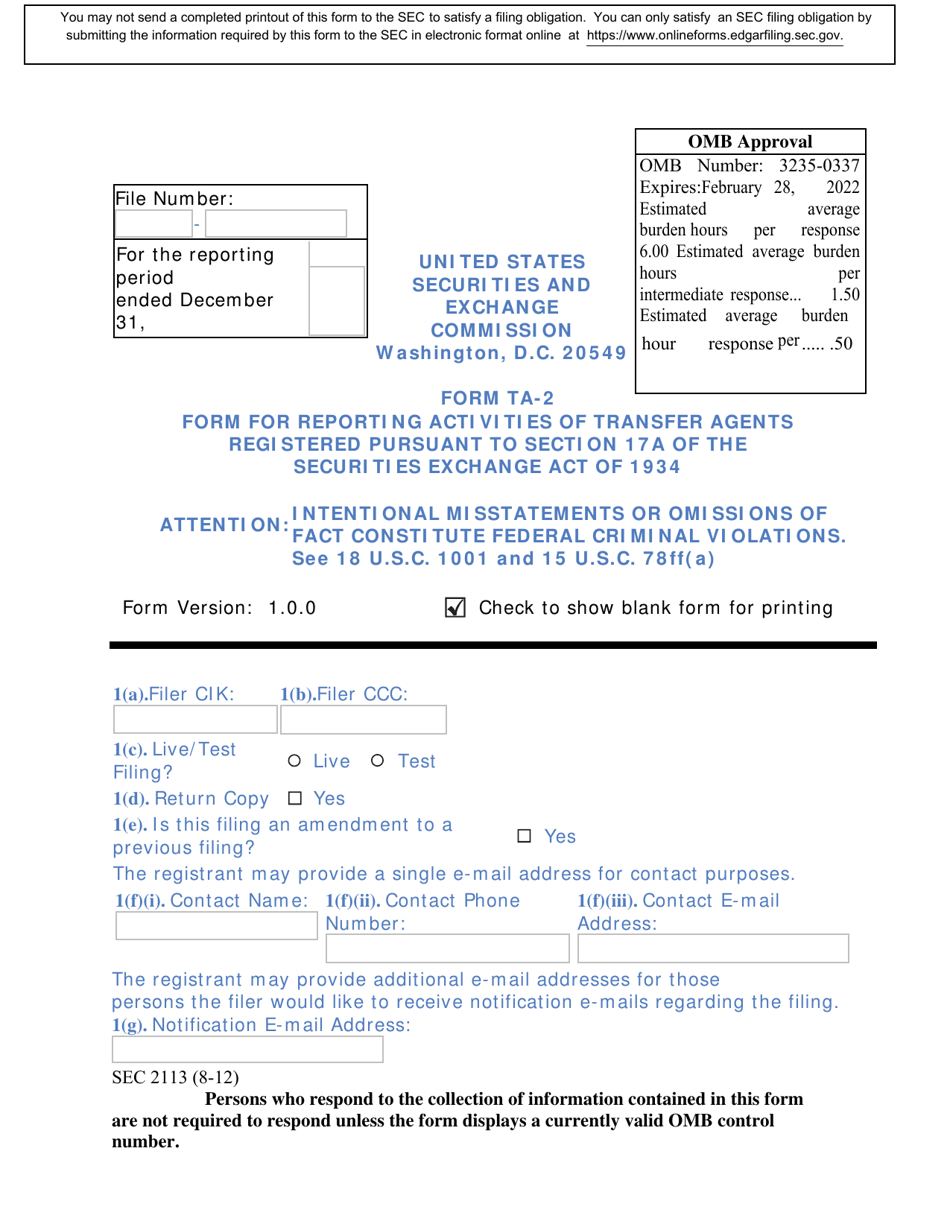 Form TA-2 (SEC Form 2113) - Fill Out, Sign Online and Download ...