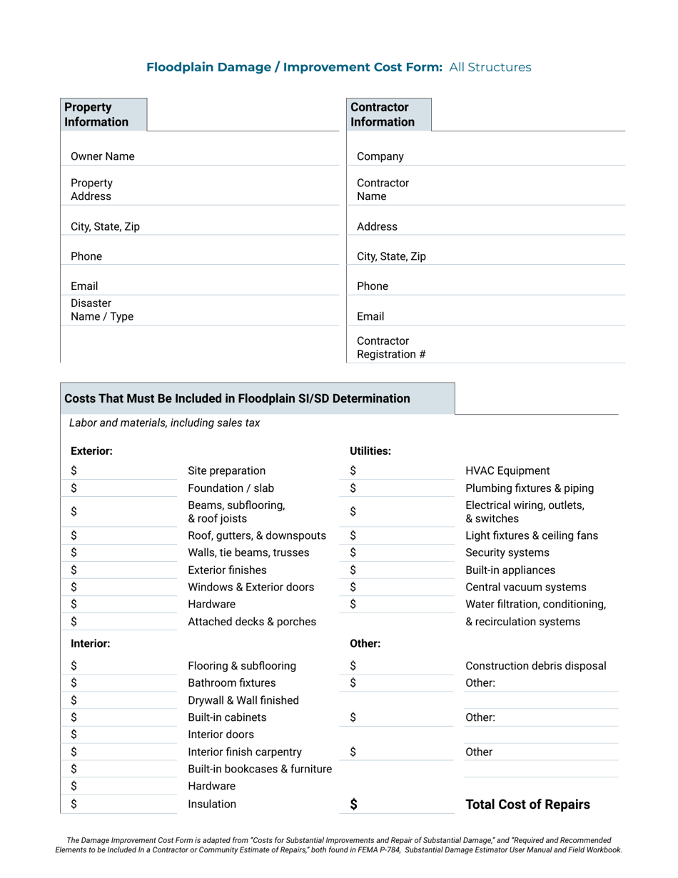 Nebraska Floodplain Damage/Improvement Cost Form - All Structures ...
