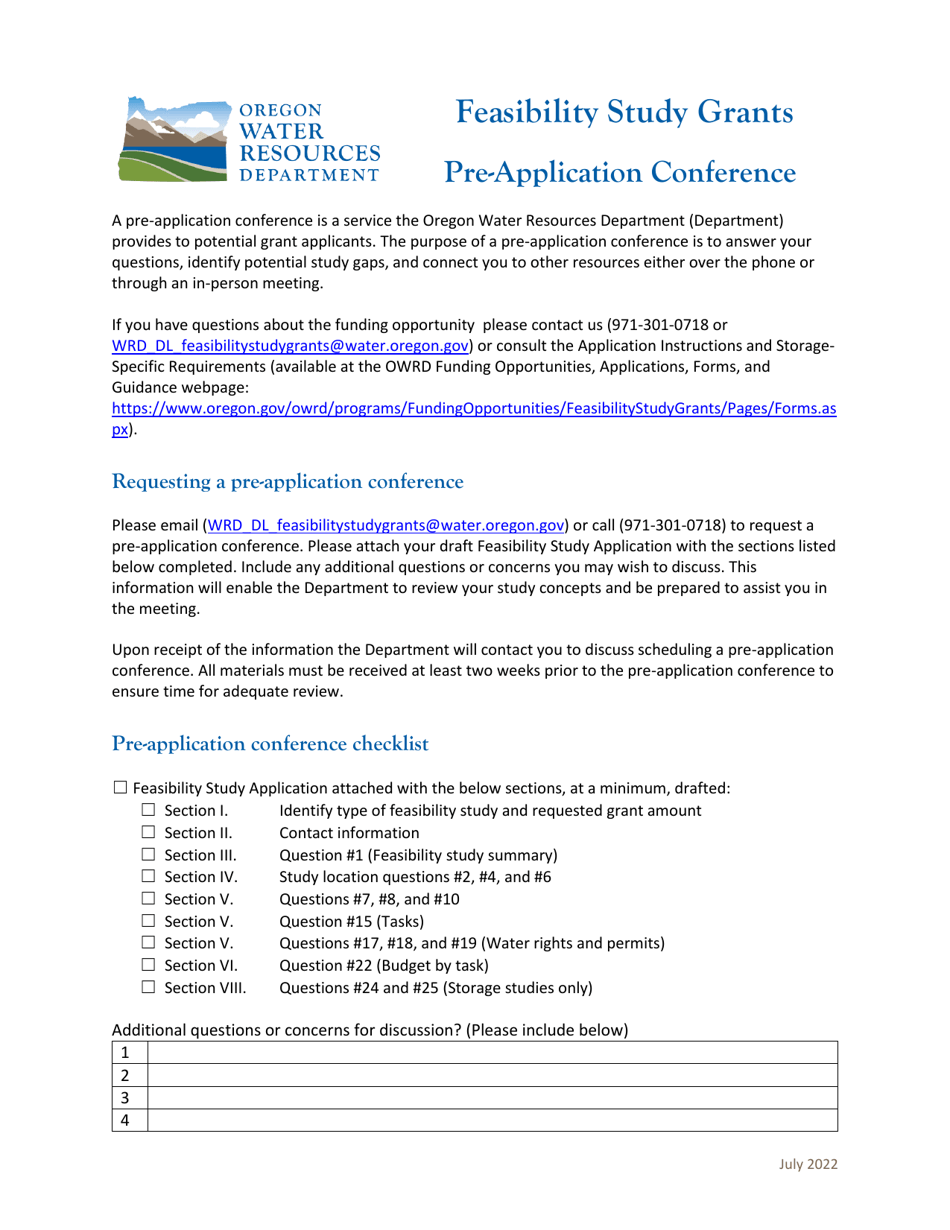 Oregon Feasibility Study Grants Pre-application Conference - Fill Out ...