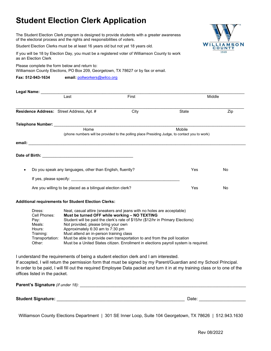 Williamson County, Texas Student Election Clerk Application - Fill Out ...