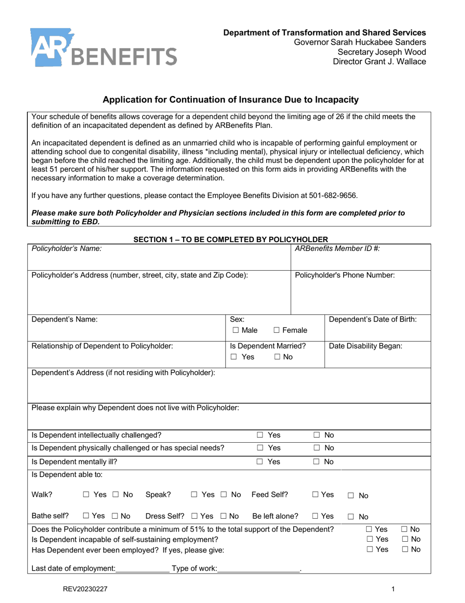 Arkansas Application for Continuation of Insurance Due to Incapacity ...