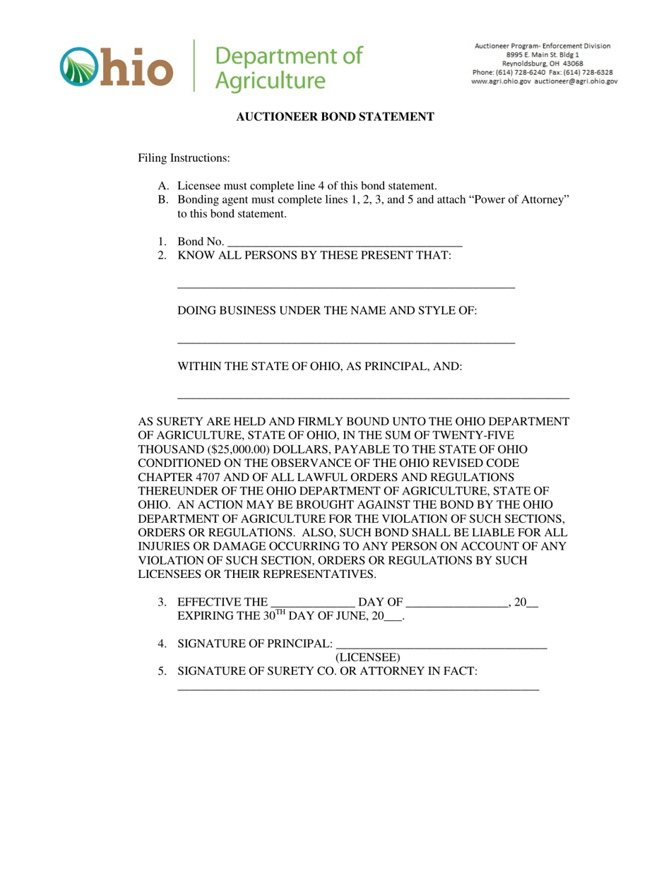 Ohio Auctioneer Bond Statement - Fill Out, Sign Online and Download PDF ...