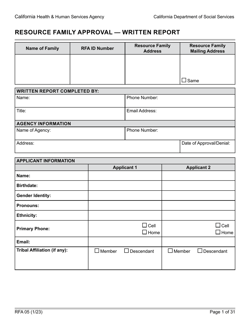 Form RFA05 Download Fillable PDF or Fill Online Resource Family ...