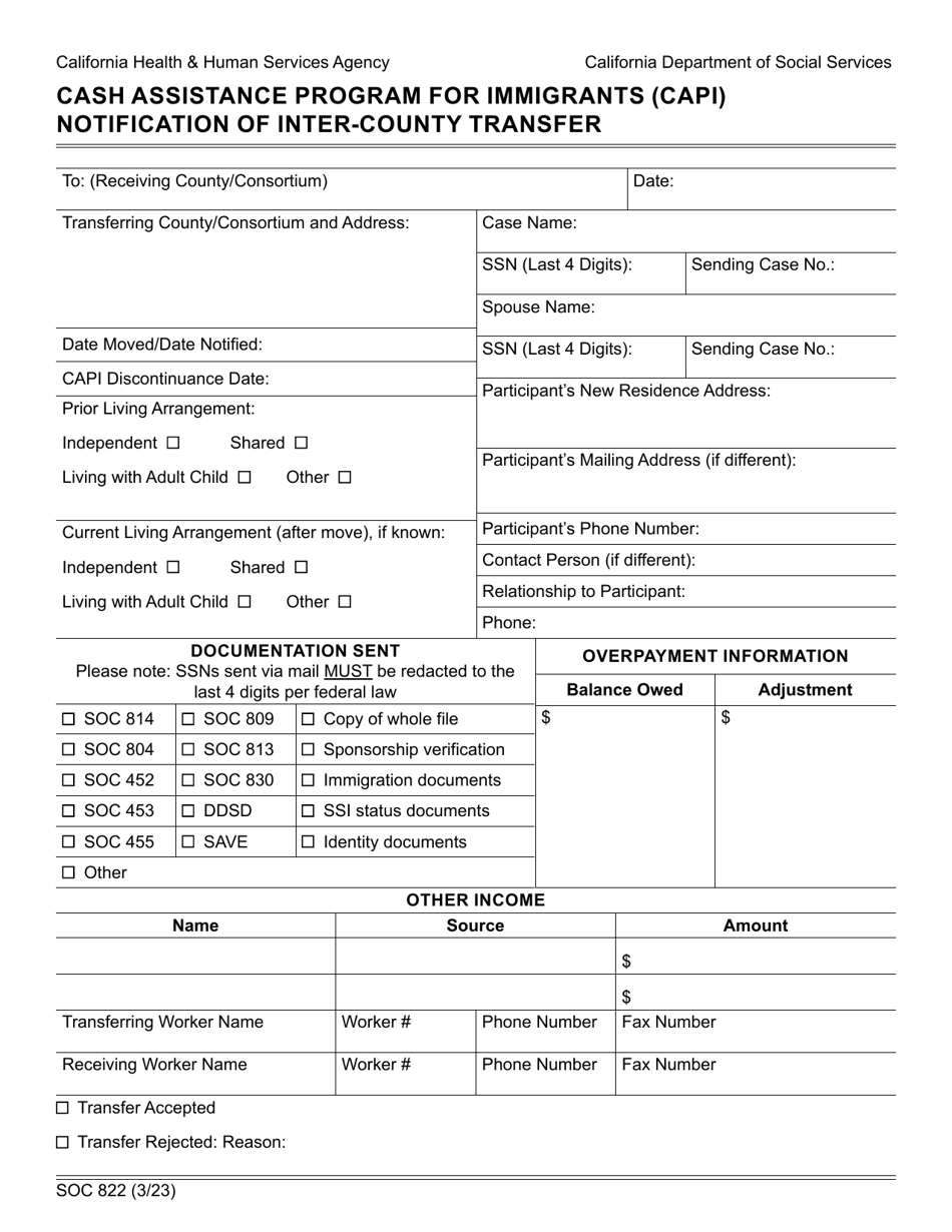 Form SOC822 Download Fillable PDF or Fill Online Cash Assistance ...