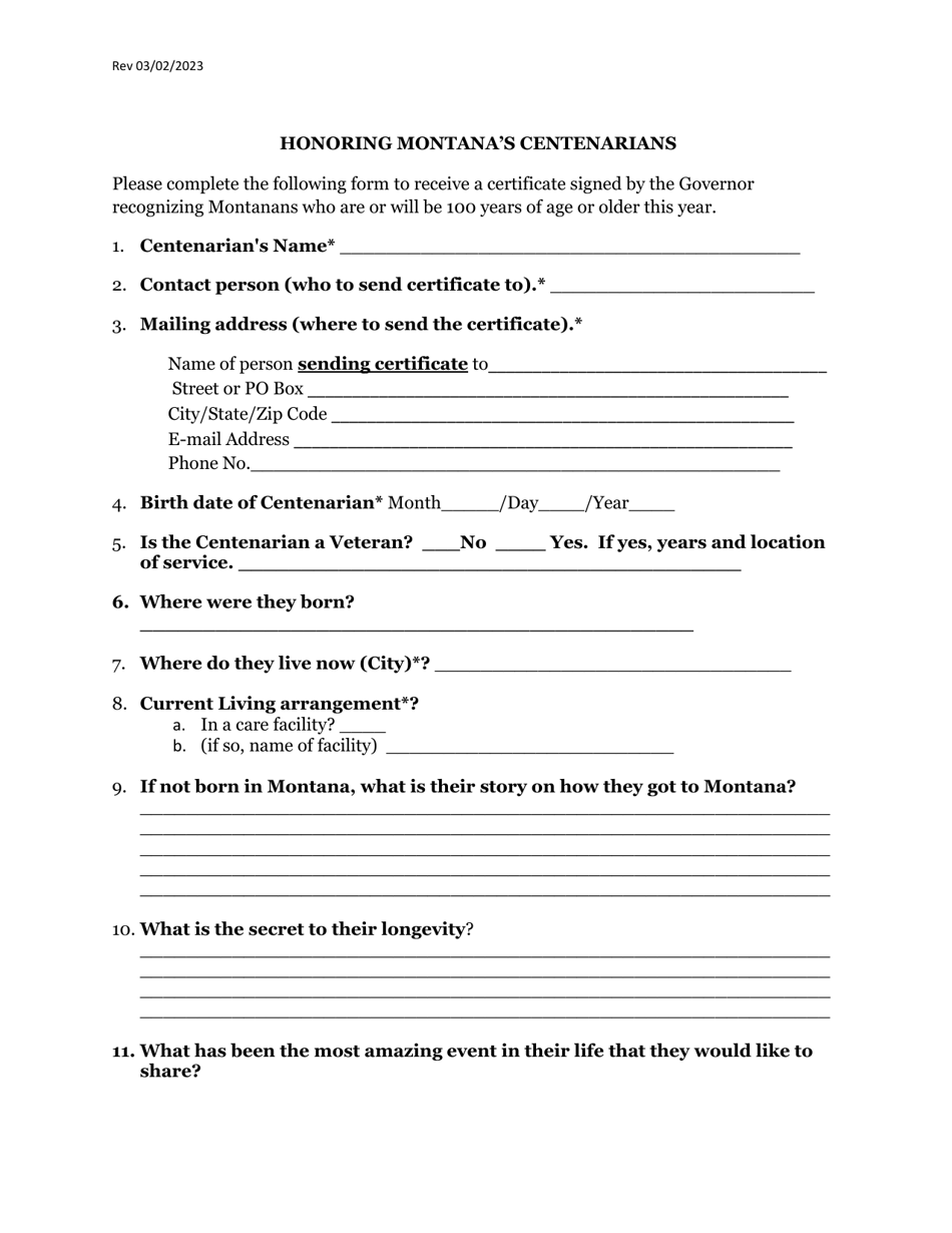 Montana Honoring Montana's Centenarians - Fill Out, Sign Online and ...