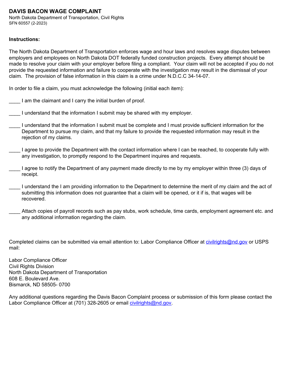 Form SFN60557 Download Fillable PDF or Fill Online Davis Bacon Wage ...
