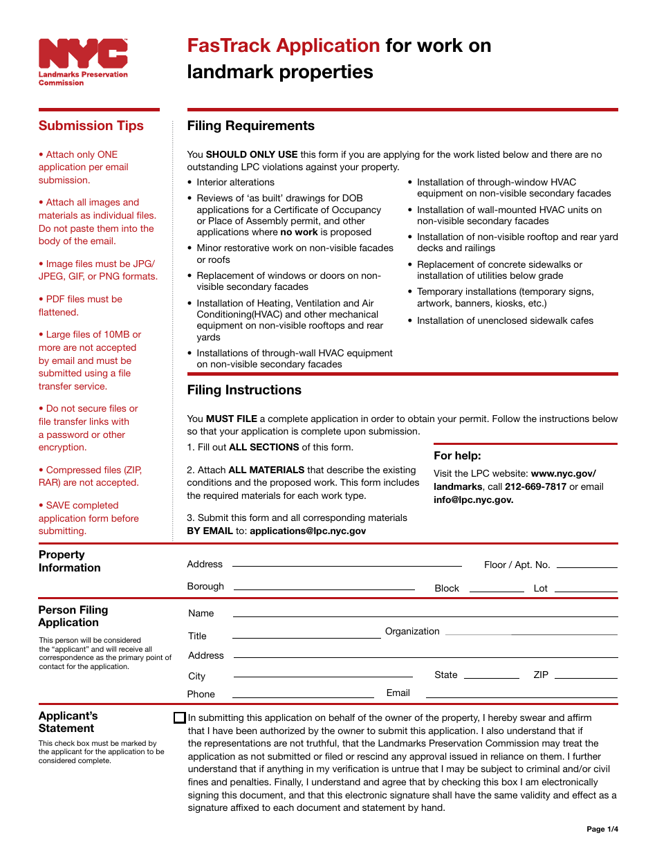New York City Fastrack Application for Work on Landmark Properties ...