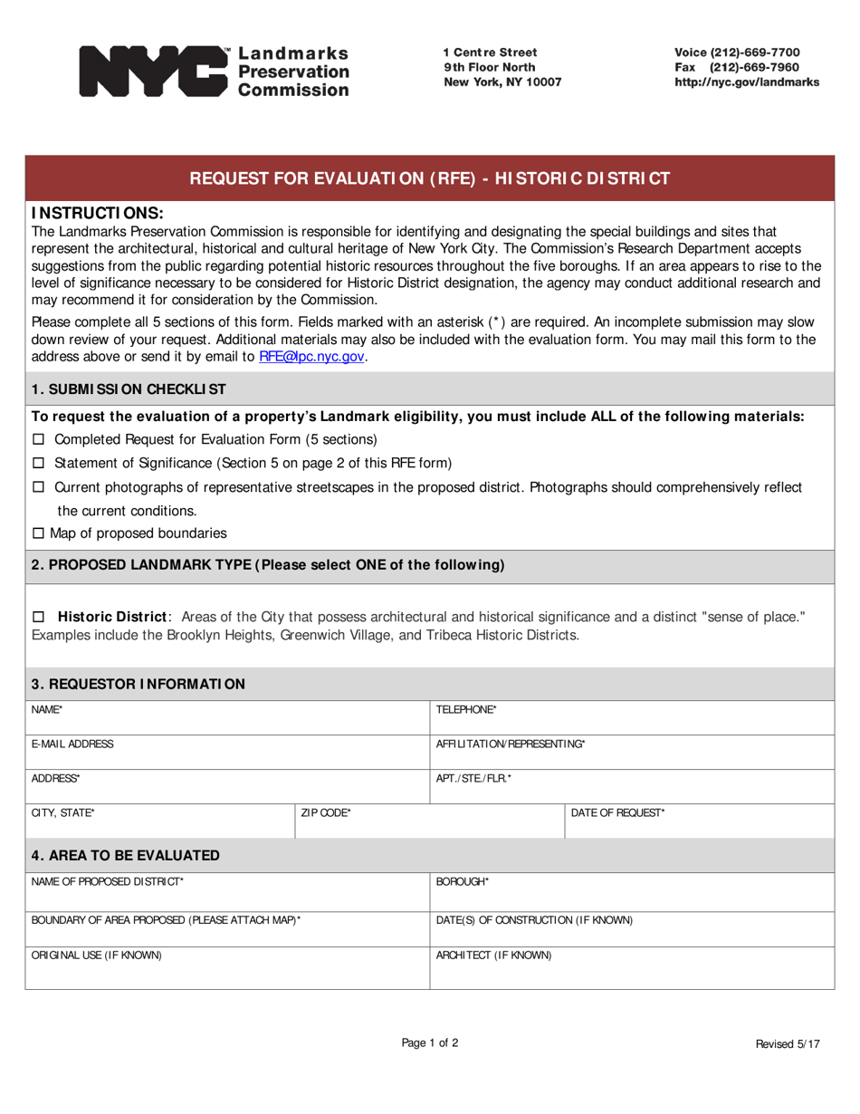 New York City Request for Evaluation (Rfe) - Historic District - Fill ...