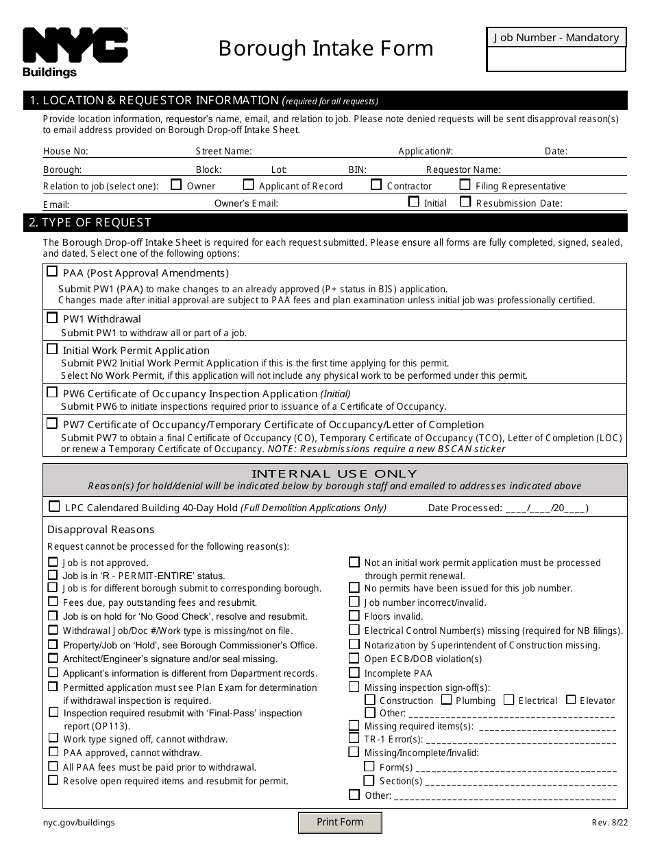 New York City Borough Intake Form Download Fillable PDF | Templateroller