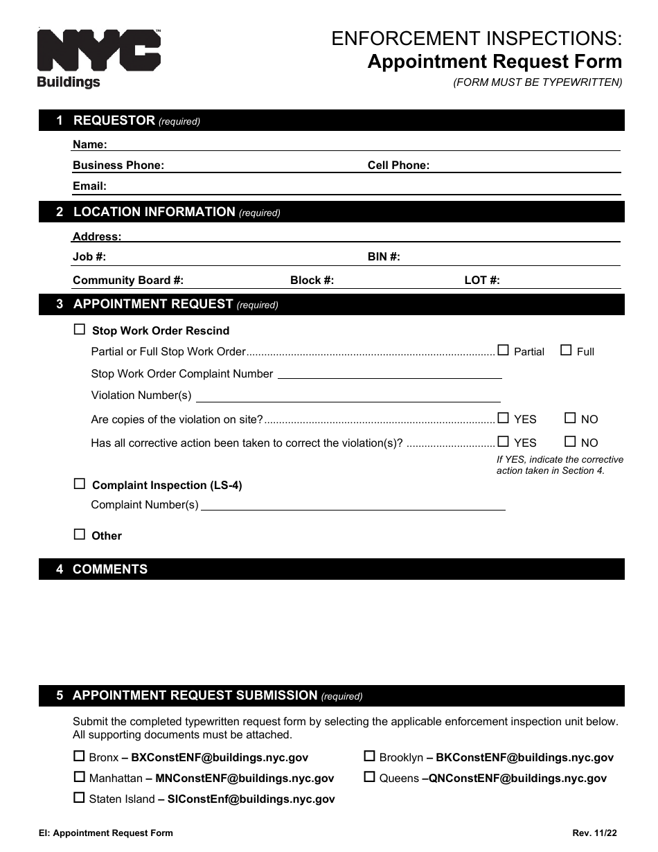 New York City Enforcement Inspections: Appointment Request Form - Fill ...