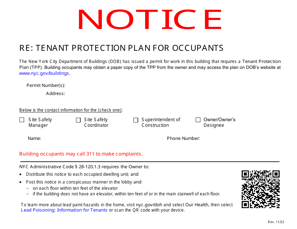 New York City Notice Regarding Tenant Protection Plan for Occupants ...