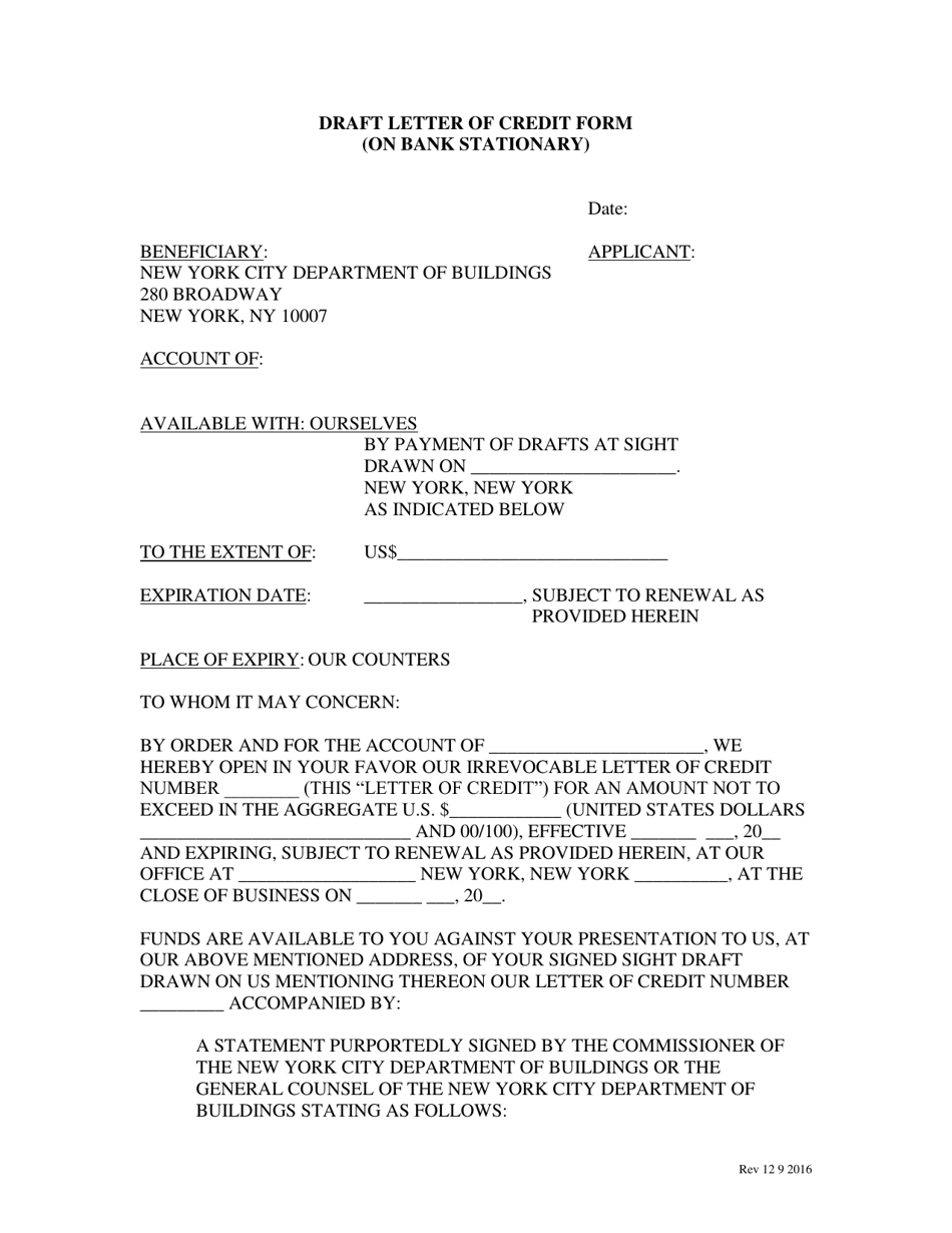 New York City Draft Letter of Credit Form (On Bank Stationary) - Fill ...