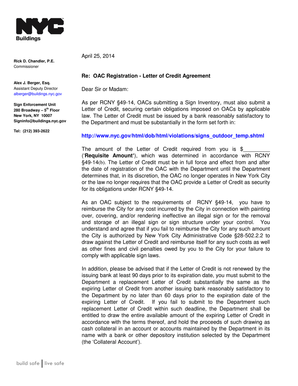 New York City Oac Registration - Letter of Credit Agreement - Fill Out ...