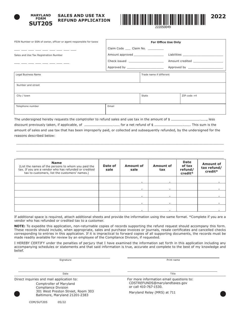 Maryland Form SUT205 (COM/SUT205) - 2022 - Fill Out, Sign Online and ...