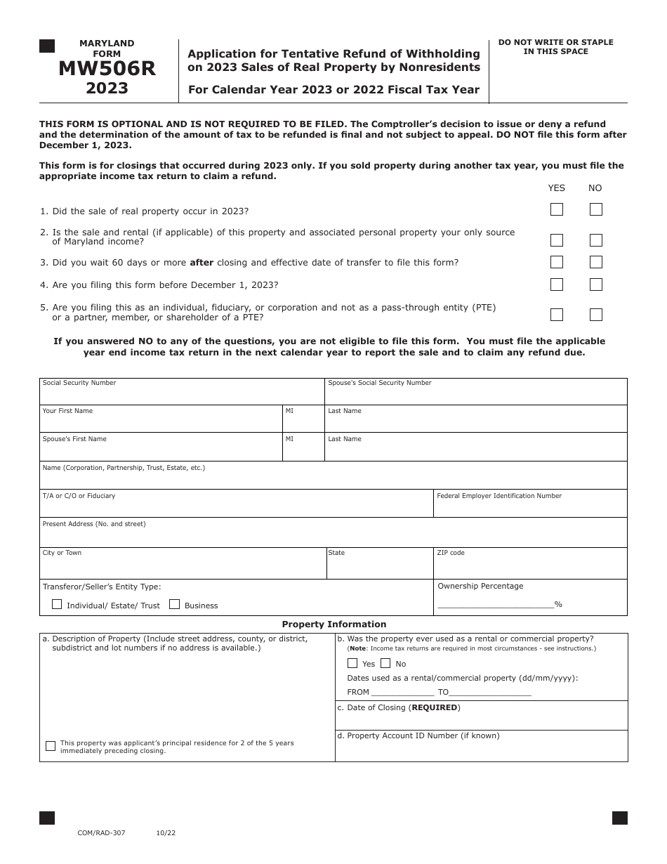 Maryland Form MW506R (COM/RAD-307) - 2023 - Fill Out, Sign Online and ...