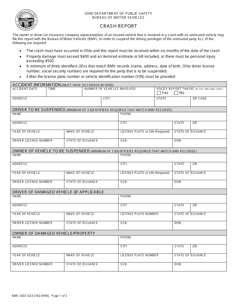 Form BMV3303 Download Printable PDF Or Fill Online Crash Report Ohio Form BMV3303 Download Printable PDF Or Fill Online Crash Report Ohio