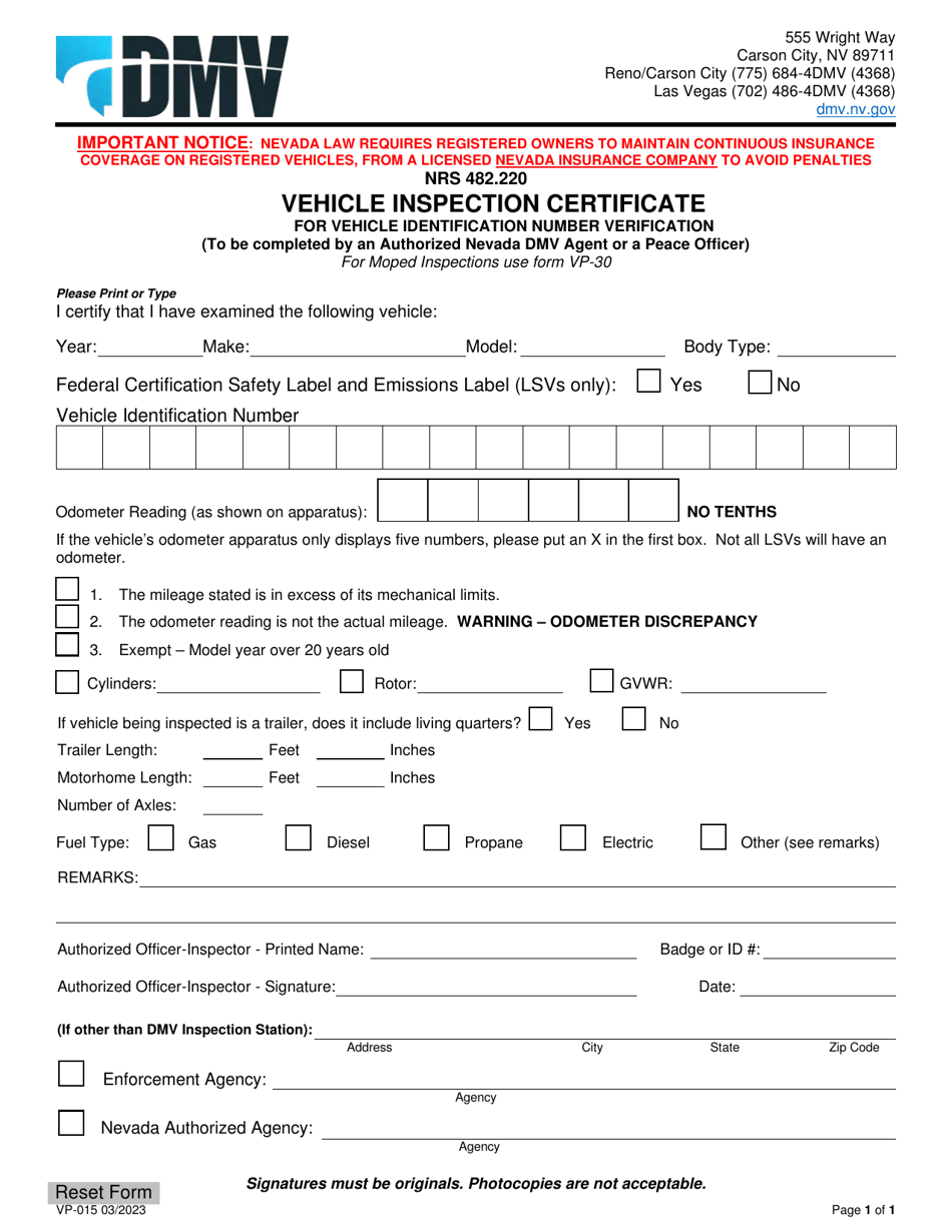Form VP-015 - Fill Out, Sign Online and Download Fillable PDF, Nevada ...