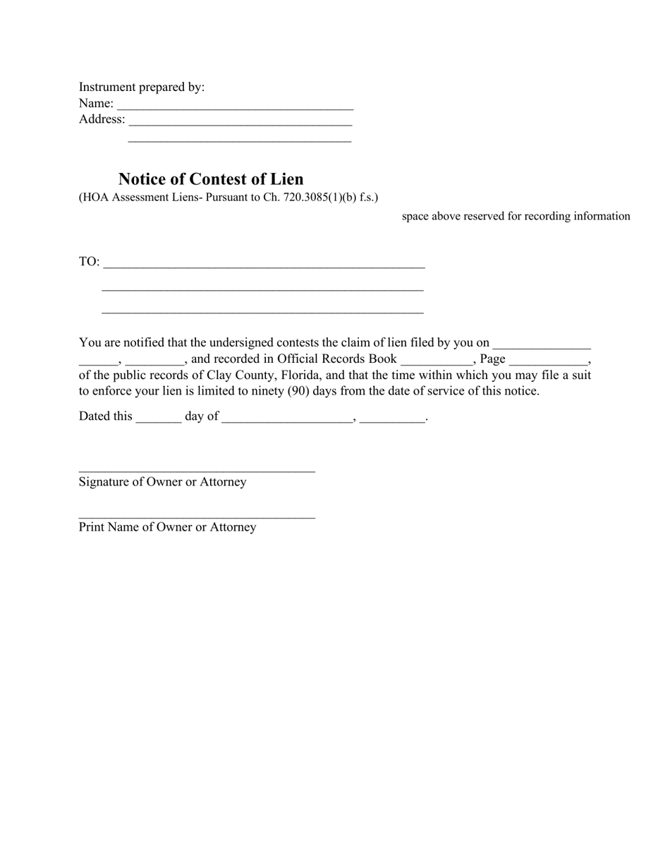 Clay County, Florida Notice of Contest of Lien - Hoa Assessment - Fill ...