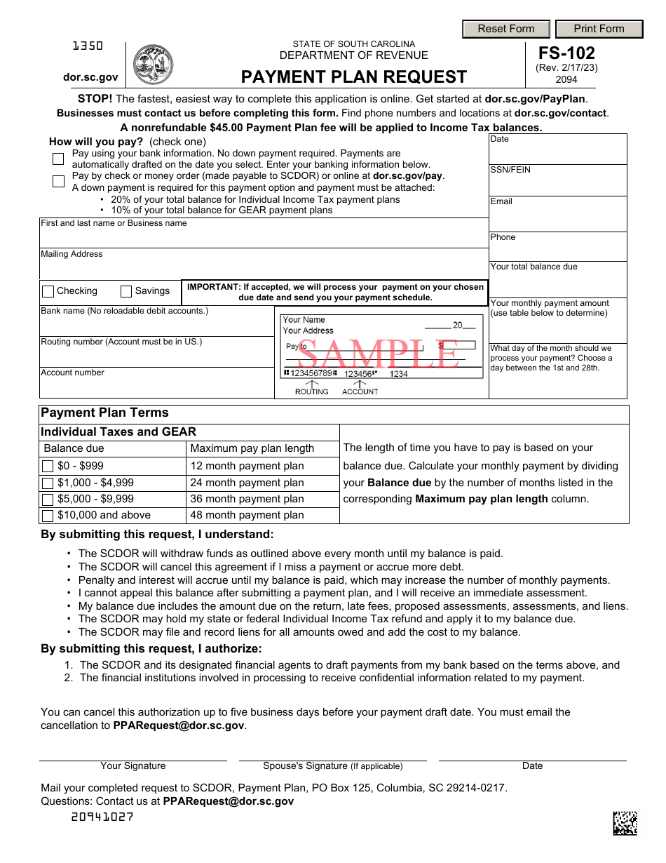 Form FS-102 Download Fillable PDF or Fill Online Payment Plan Request, South Carolina 2021 ...